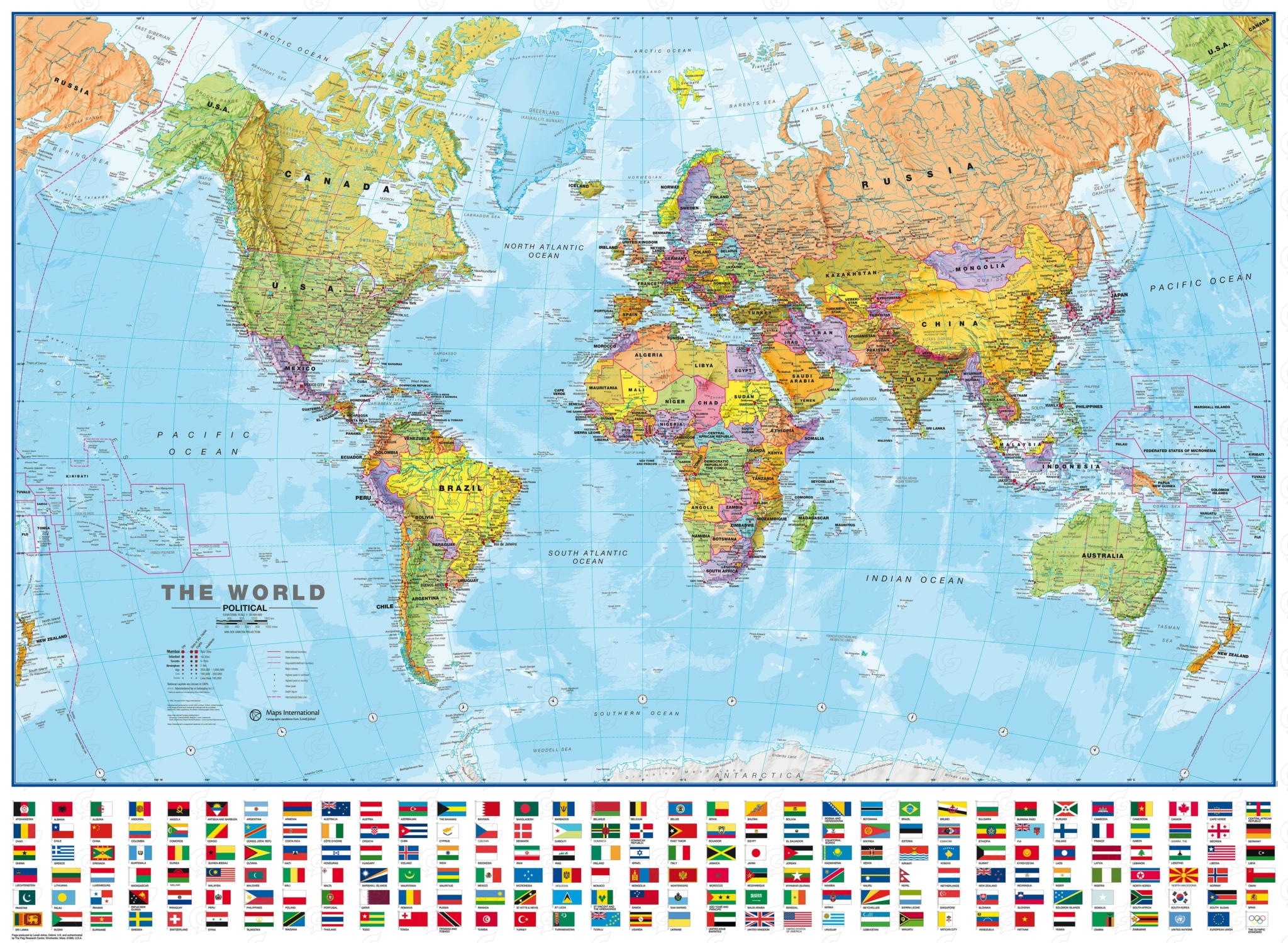 Political World Map, with flags. Maps International - Regio